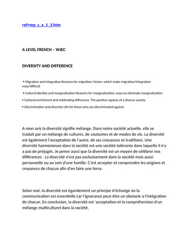 A level French revision sheet on diversity; sample sentences; practice ...