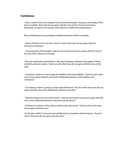 A level English Literature exam questions Coriolanus Shakespeare ...