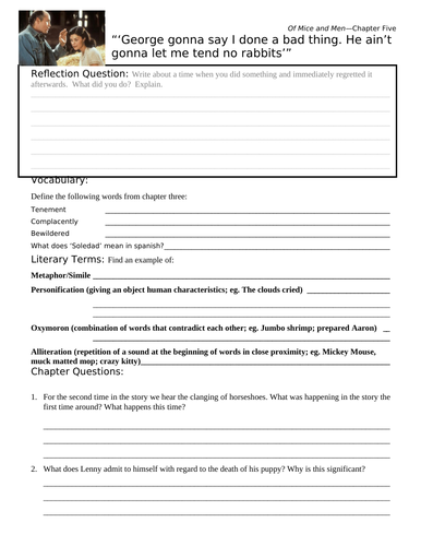 Of Mice and Men - Chapter by Chapter Questions | Teaching Resources