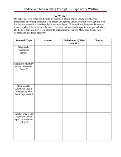 Of Mice and Men Writing Prompts | Teaching Resources
