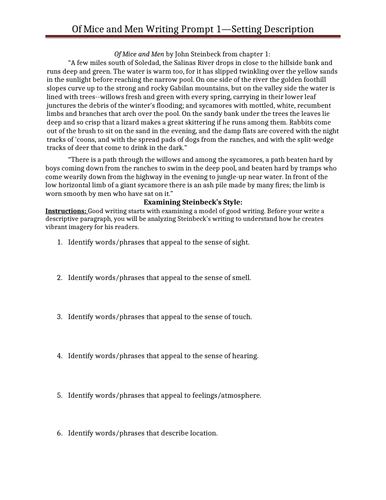Of Mice and Men Writing Prompts | Teaching Resources