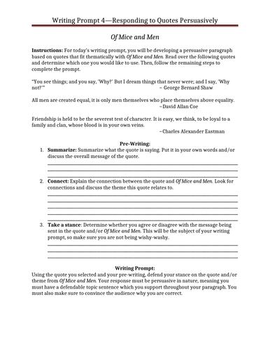 Of Mice and Men Writing Prompts | Teaching Resources