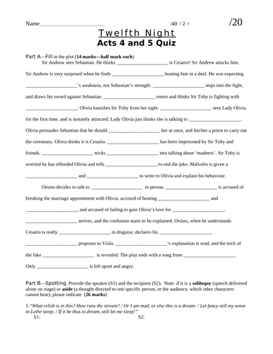 Twelfth Night Act Quizzes | Teaching Resources