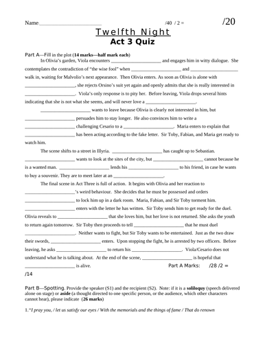 Twelfth Night Act Quizzes | Teaching Resources