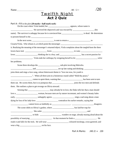 Twelfth Night Act Quizzes | Teaching Resources
