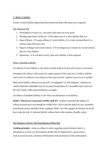 Criminal Law - Strict Liability | Teaching Resources