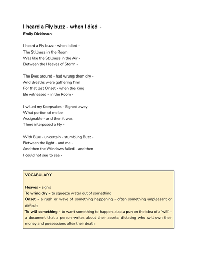 I heard a Fly buzz, when I died by Emily Dickinson - Study Guide ...