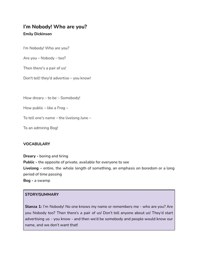 I'm Nobody! Who are you? by Emily Dickinson - Study Guide | Teaching ...
