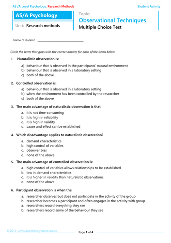 Psychology: Research Methods: Observations | Teaching Resources
