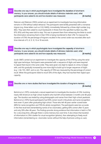 AQA Psychology BRILLIANT MODEL ANSWERS: Memory: AS and A-level ...