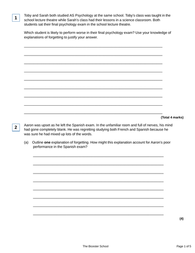 AQA A-Level Psychology Memory – Retrieval Failure and Forgetting | Teaching Resources