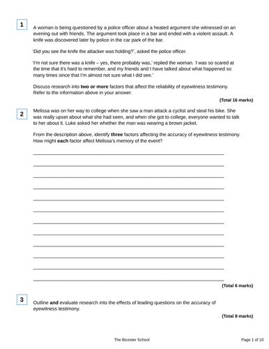 AQA A-Level Psychology Memory – Eyewitness Testimony and Misleading ...