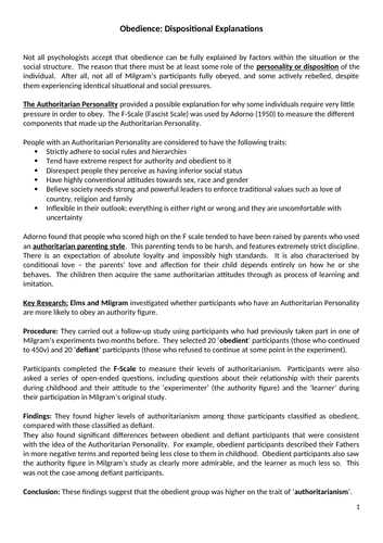 AQA A-Level Psychology Social Influence – Obedience: Dispositional ...