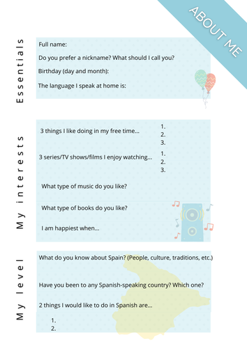 Get to know your students: Spanish | French | Form | Teaching Resources