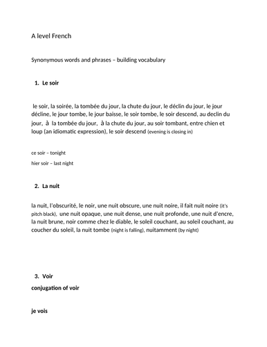 French A level Lesson Plan/ revision sheet - vocabulary builder ...