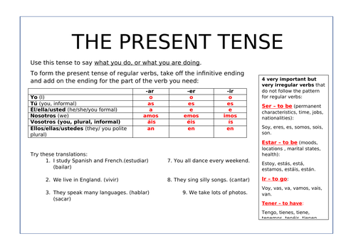 Spanish Regular Present Tense | Teaching Resources
