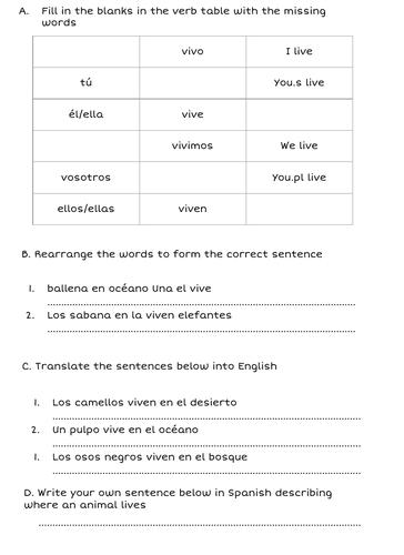 Animals and Habitats Worksheet in Spanish | Teaching Resources