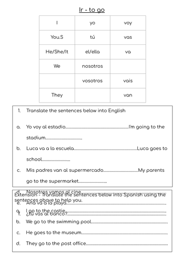 A worksheet on the Present tense of Ir | Teaching Resources