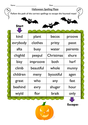 Year 2 Halloween Themed Spelling Maze - Common Exception Words ...