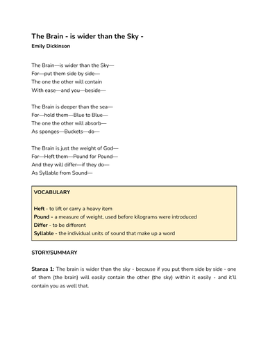 The Brain - is wider than the Sky by Emily Dickinson - Study Guide ...