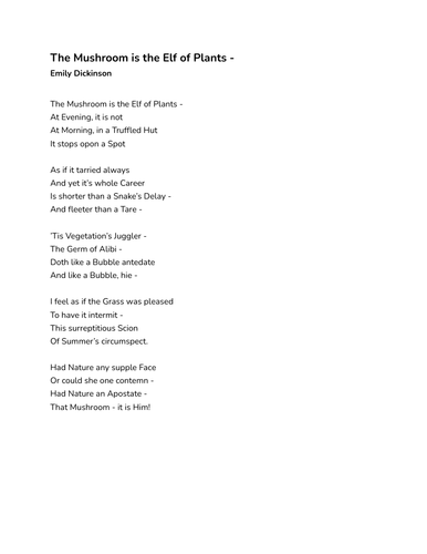 'The Mushroom is the Elf of Plants' by Emily Dickinson - Study Guide ...