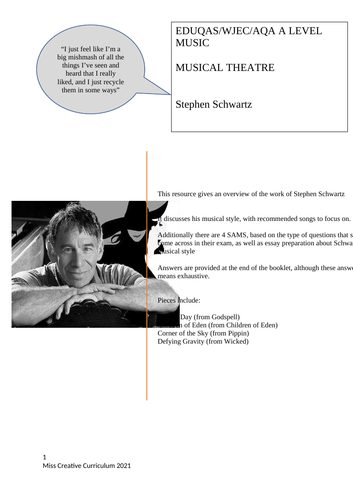 WJEC A LEVEL MUSIC - MUSICAL THEATRE/SCHWARTZ | Teaching Resources