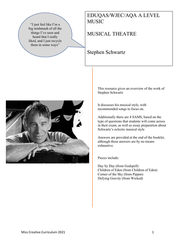 AQA A LEVEL MUSIC - MUSICAL THEATRE/SCHWARTZ | Teaching Resources