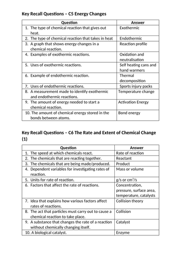Science Key Recall Questions - Paper 2 | Teaching Resources