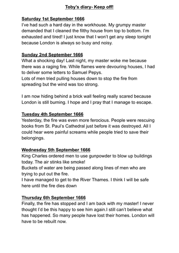 Toby and the Great Fire of London diary entry | Teaching Resources