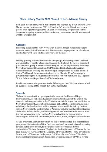 Black History Month 2021 Proud to Be Marcus Garvey | Teaching Resources