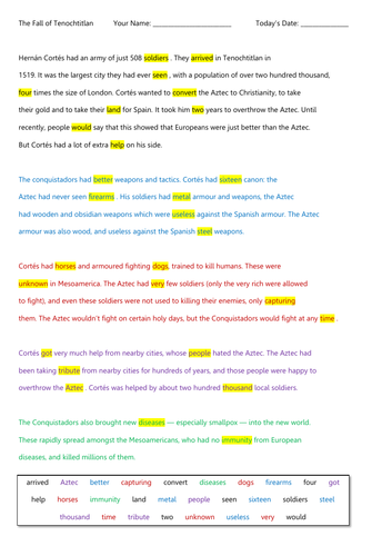 Fall of Tenochtitlan Cloze. Cortes, Moctezuma | Teaching Resources