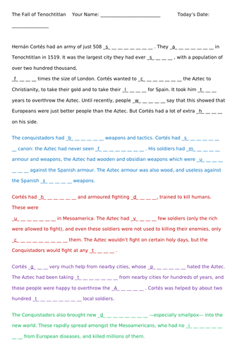 Fall of Tenochtitlan Cloze. Cortes, Moctezuma | Teaching Resources