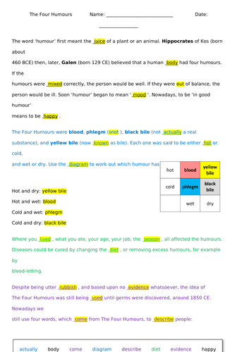 The Four Humours Cloze | Teaching Resources