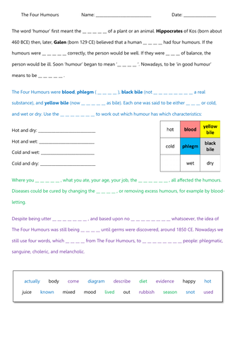 The Four Humours Cloze | Teaching Resources