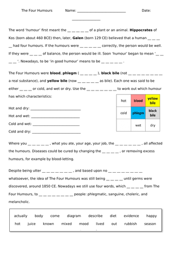 The Four Humours Cloze | Teaching Resources