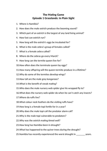 The Mating Game Ep.1 Worksheet | Teaching Resources