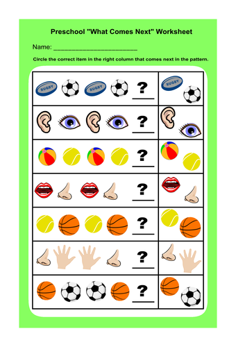Preschool - What Comes Next Worksheet | Teaching Resources