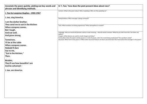 Black History Month: AQA Unseen poetry on Race- Langston Hughes (I, Too ...