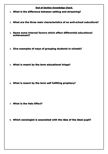 Processes in School - Exam Work - Education - AQA A Level Sociology ...