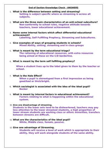 Processes in School - Exam Work - Education - AQA A Level Sociology ...