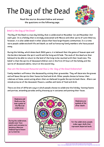 Day of the Dead English Comprehension Reading Activity Worksheet KS3 ...