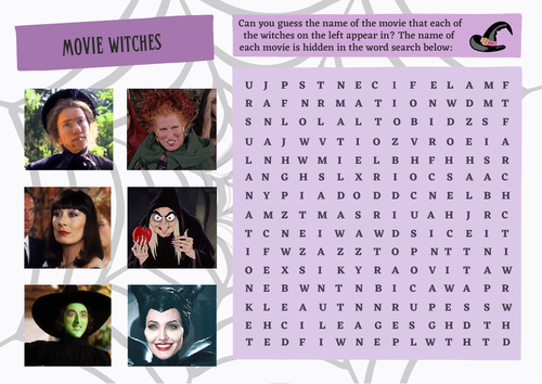 Halloween Movie Witches Word Search & Answers Sheet Activity Quiz ...