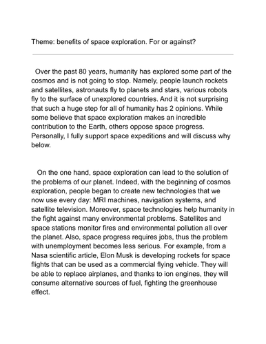 Essay. Theme: benefits of space exploration. For or against? (400 words ...