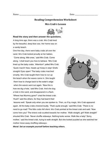Reading Comprehension Worksheet Mrs Crab's Lesson with Answer Key ...