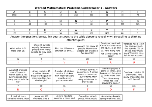 Worded Mathematical Problems Codebreaker | Teaching Resources