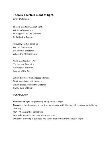 'There's a certain Slant of light' by Emily Dickinson - Study Guide ...