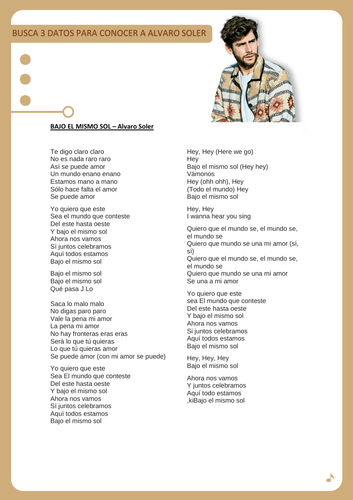 Spanish Song Lesson. Alvaro Soler - Bajo el Mismo Sol | Teaching Resources