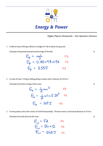 Energy, Work & Power Homework | Teaching Resources
