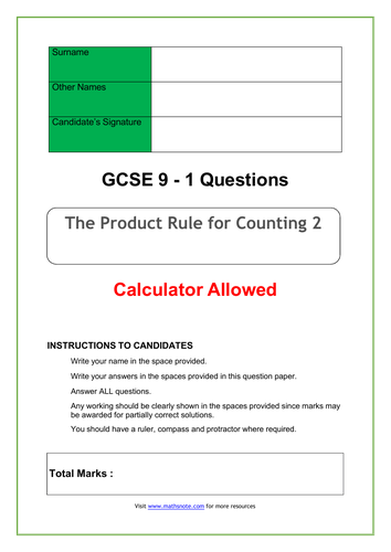 The Product Rule for Counting 2 for GCSE 9-1 | Teaching Resources