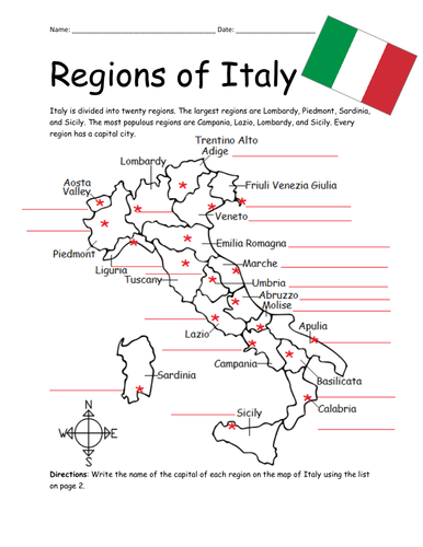 20 REGIONS AND CAPITALS OF ITALY - Introductory Worksheet | Teaching ...